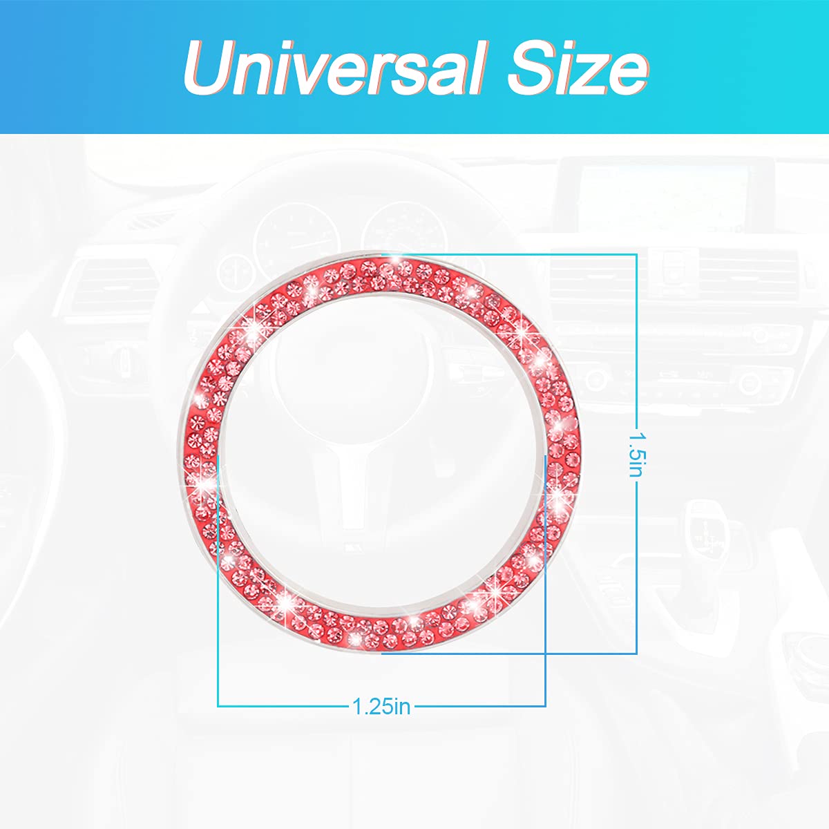 Car Bling Crystal Rhinestone Engine Start Ring Decals, 2 Pack Car Push Start Button Cover/Sticker, Key Ignition Knob Bling Ring, Sparkling Car Interior Accessories for Women (Red)