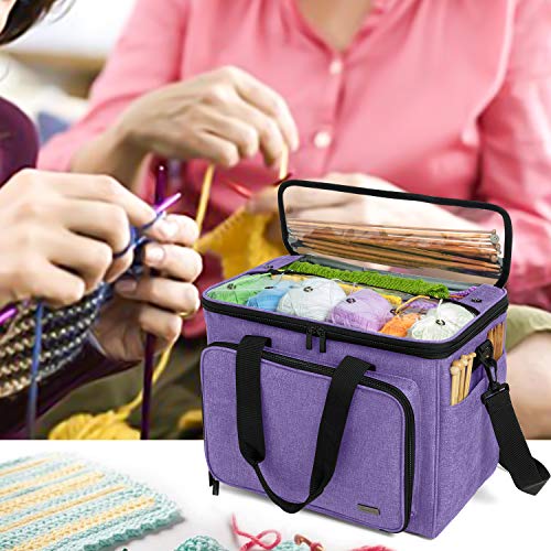 Teamoy Knitting Bag, Yarn Tote Organizer with Inner Divider (Sewn to Bottom) for Crochet Hooks, Knitting Needles(Up to 14β), Project and Supplies, Purple -No Accessories Included