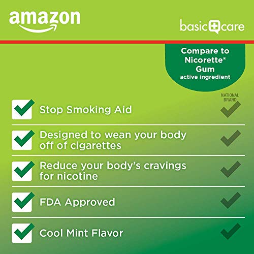 Amazon Basic Care Nicotine Polacrilex Coated Gum, 4 mg (Nicotine), Cool Mint Flavor, Stop Smoking Aid, 20 Count