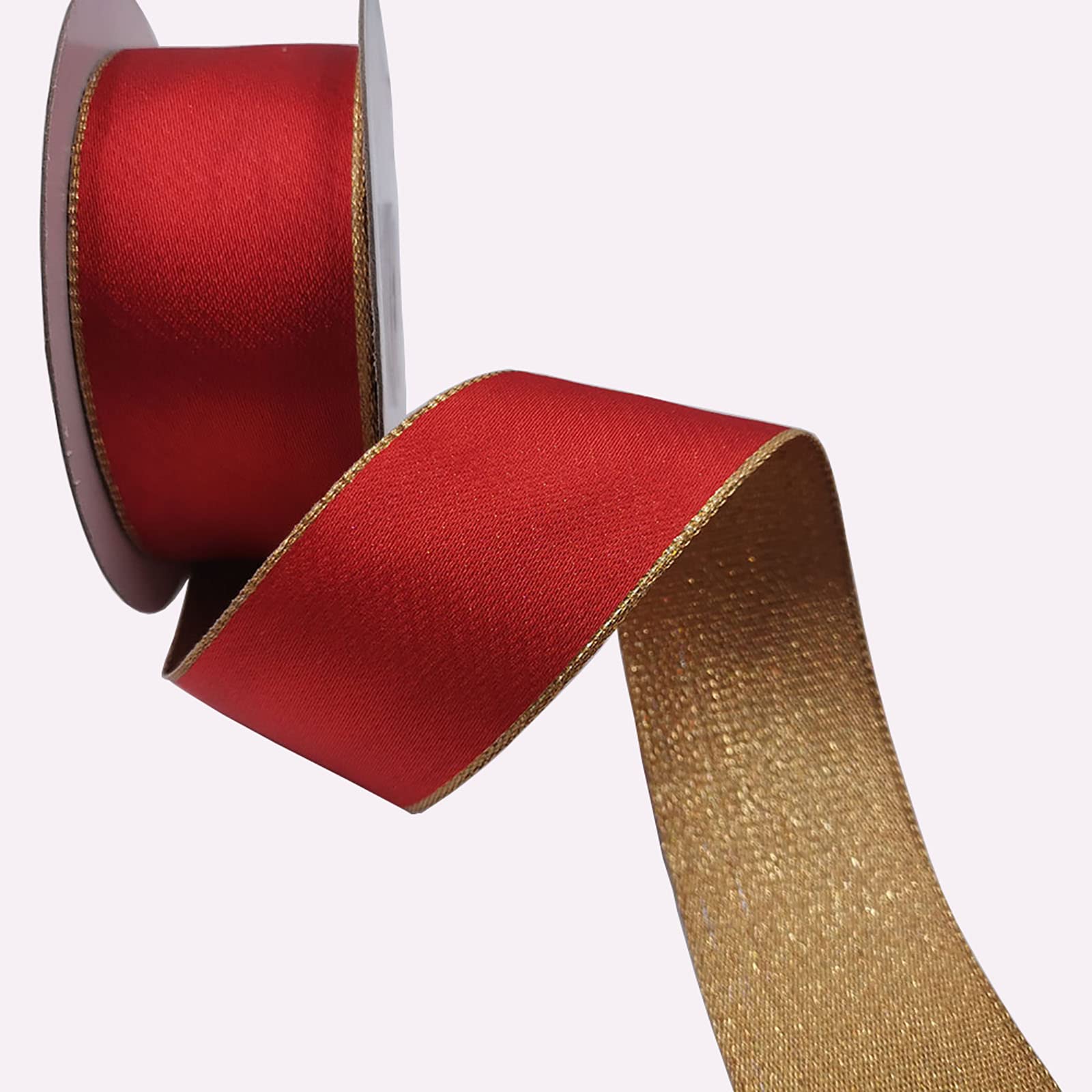 KLTRIBBON Christmas Wired Ribbon Red Gold Lame for Xmas Wreath Bows Floral Craft Ornaments,1 1/2 Inch X 10 Yards