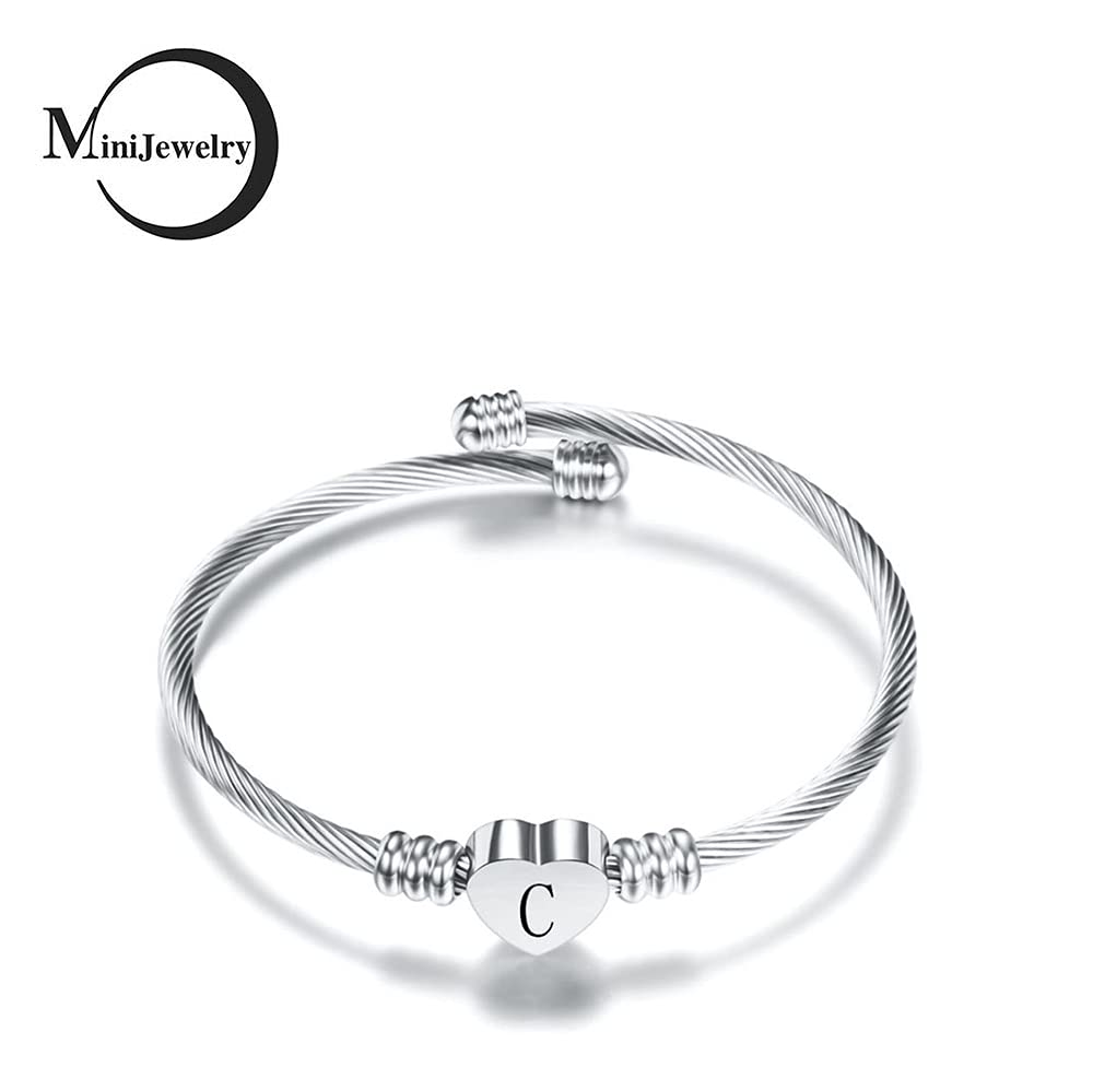 MiniJewelry Initial C Silver Heart Bangle Cuff Bracelet for Women Alphabet Letter Name Stainless Steel