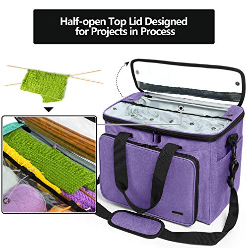 Teamoy Knitting Bag, Yarn Tote Organizer with Inner Divider (Sewn to Bottom) for Crochet Hooks, Knitting Needles(Up to 14β), Project and Supplies, Purple -No Accessories Included