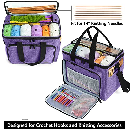 Teamoy Knitting Bag, Yarn Tote Organizer with Inner Divider (Sewn to Bottom) for Crochet Hooks, Knitting Needles(Up to 14β), Project and Supplies, Purple -No Accessories Included
