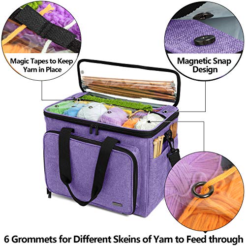 Teamoy Knitting Bag, Yarn Tote Organizer with Inner Divider (Sewn to Bottom) for Crochet Hooks, Knitting Needles(Up to 14β), Project and Supplies, Purple -No Accessories Included