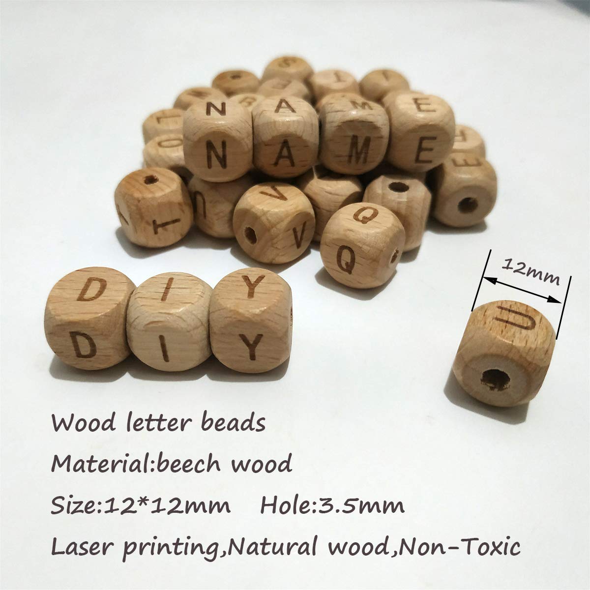 Arakierst 50pcs Wood Alphabet Letter Beads 12mm Square Beech Wooden Single Letter C Beads for Jewelry Making Name DIY Beading Necklace