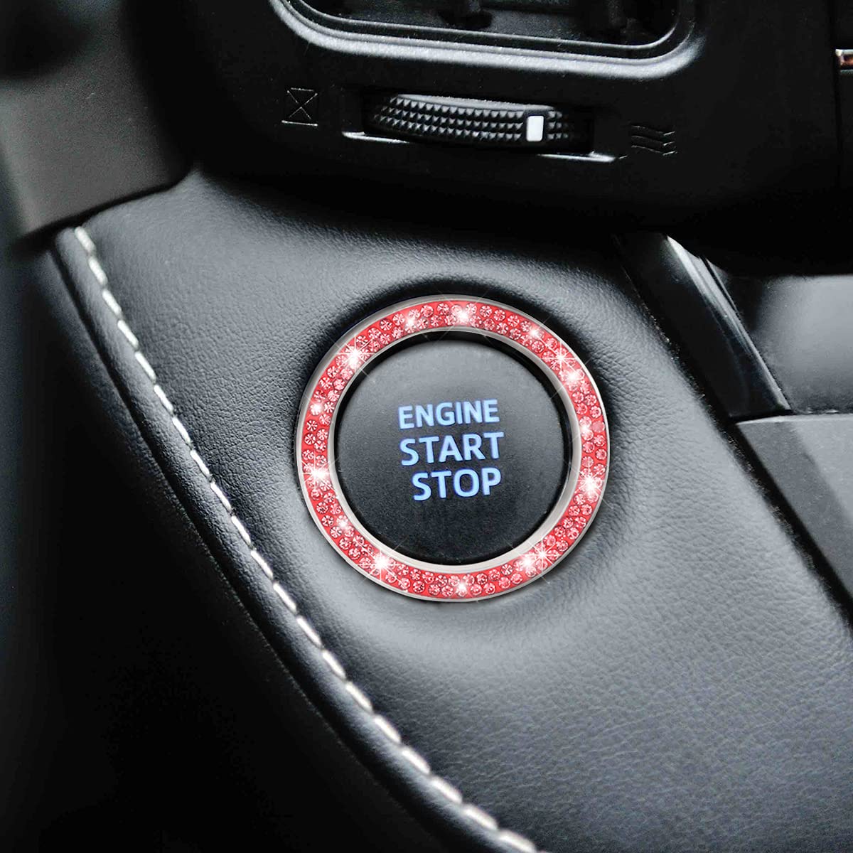 Car Bling Crystal Rhinestone Engine Start Ring Decals, 2 Pack Car Push Start Button Cover/Sticker, Key Ignition Knob Bling Ring, Sparkling Car Interior Accessories for Women (Red)