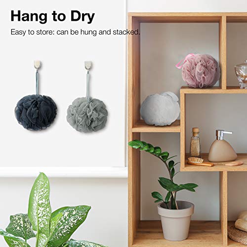 DadyMart Bath Shower Loofah Sponge 75g Bath Mesh Pouf Shower Ball Body Scrubber Exfoliating Bath Sponge for Women and Men, Set of 4, Drak Grey-Pink-Grey-White