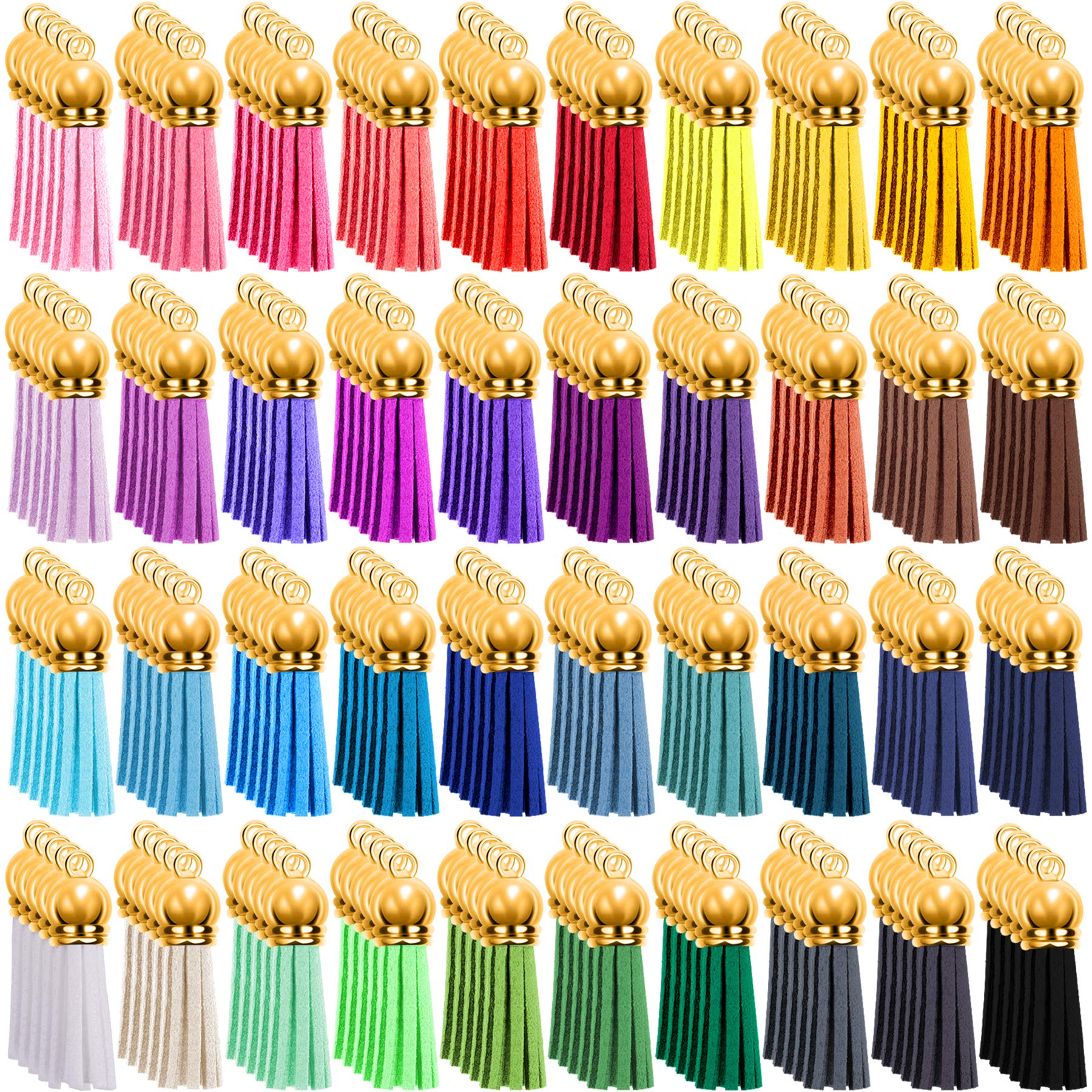Duufin 200 Pieces Keychain Tassels Bulk Leather Tassel Colored Tassel Pendants for DIY Keychain and Craft, 40 Colors (Gold Cap)