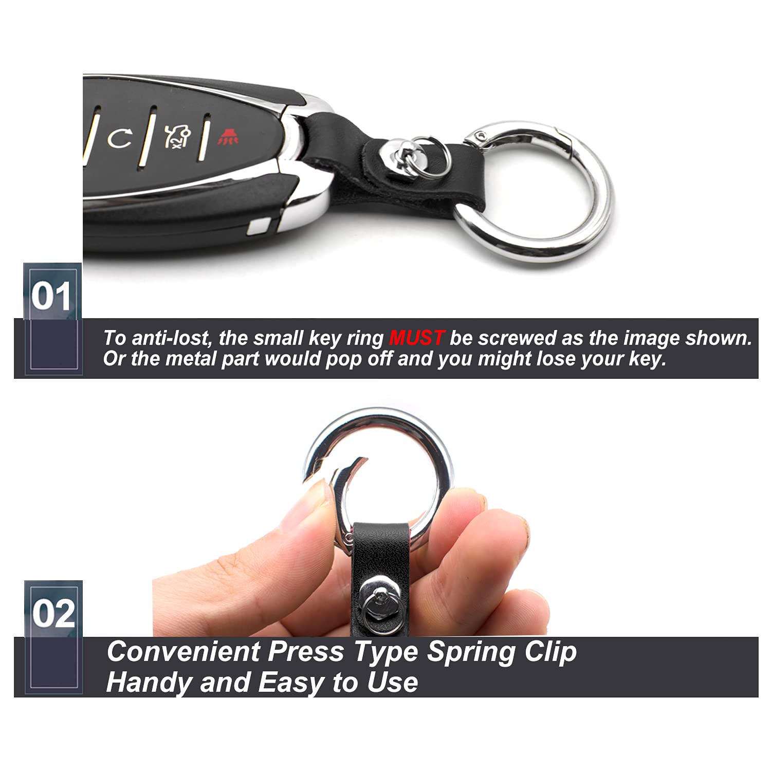 INFIPAR Circle Carabiner Keychain Clip Quick-Release Spring Ring & Anti-Lost Ring Attach Leather Key Chain, No Screwdriver Required, 1 Pack, Black - Newest Version