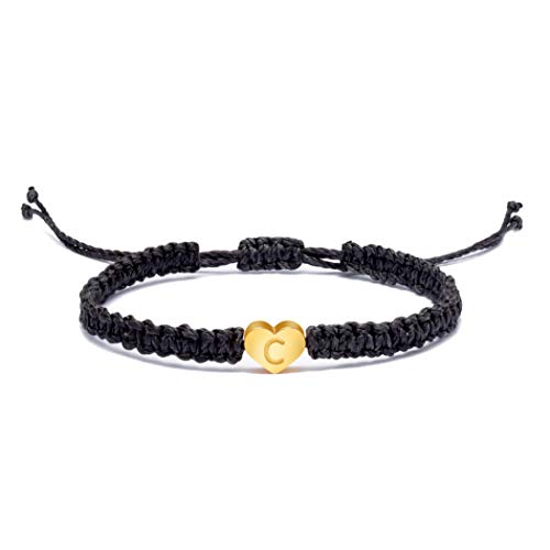 Dainty 18K Gold Initial C Letter Love Heart Charm Bracelets for Women Adjustable Bracelet Monogram Bracelet Alphabet Personalized Mother's Day Gifts for Mom Mum Mommy Mantra