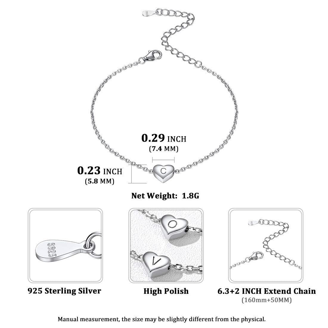 ChicSilver Womens Heart Bracelet 925 Sterling Silver Simple Letter C Alphabet Heart Charm Bracelet Dainty Heart Initial Bracelet