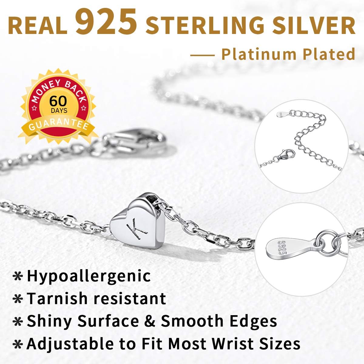 ChicSilver Womens Heart Bracelet 925 Sterling Silver Simple Letter C Alphabet Heart Charm Bracelet Dainty Heart Initial Bracelet
