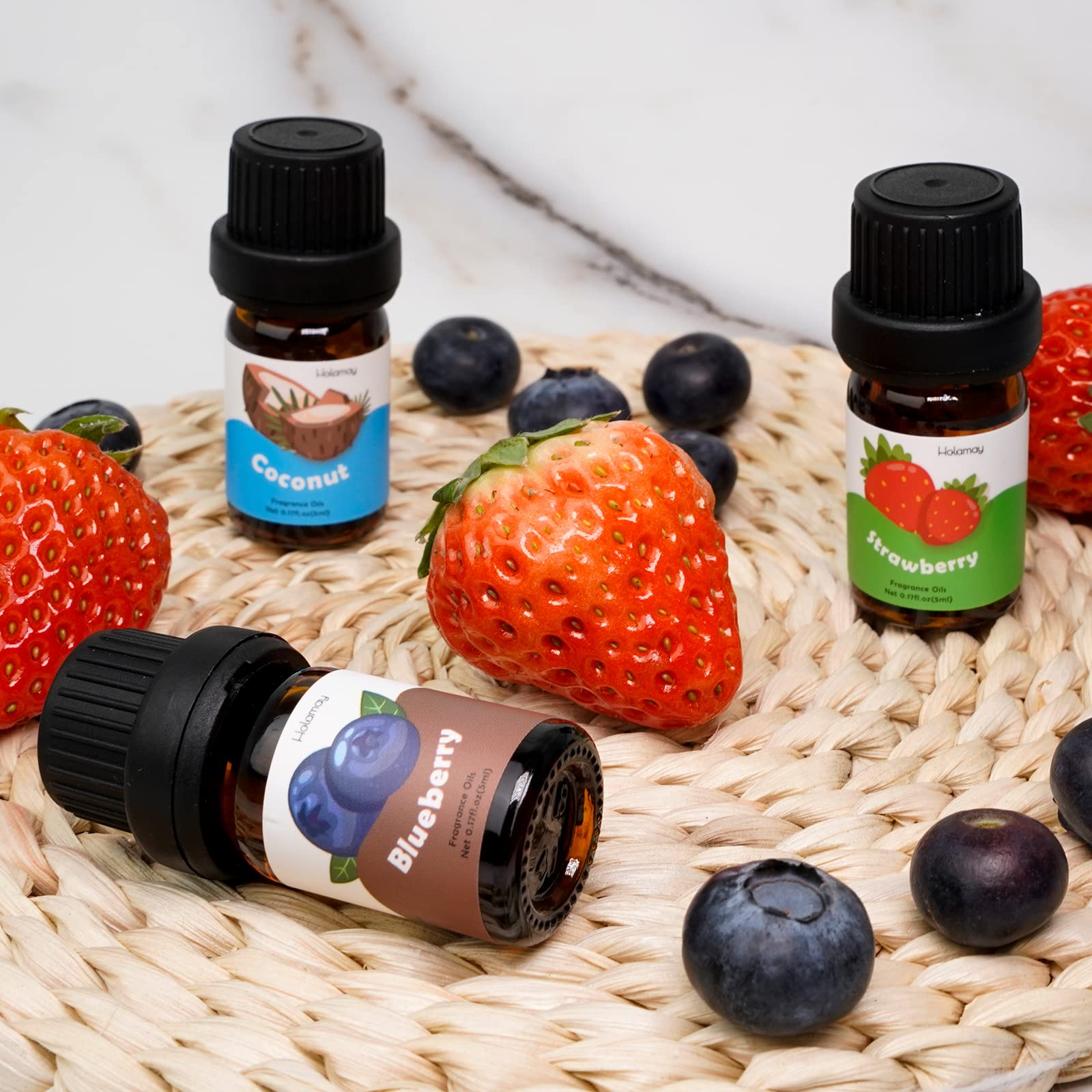 Fruity Fragrance Oil for Candle & Soap Making, Holamay Premium Essential Oils 5ml x 10 - Coconut, Strawberry, Mango, Pineapple, Summer Aromatherapy Diffuser Oils Set