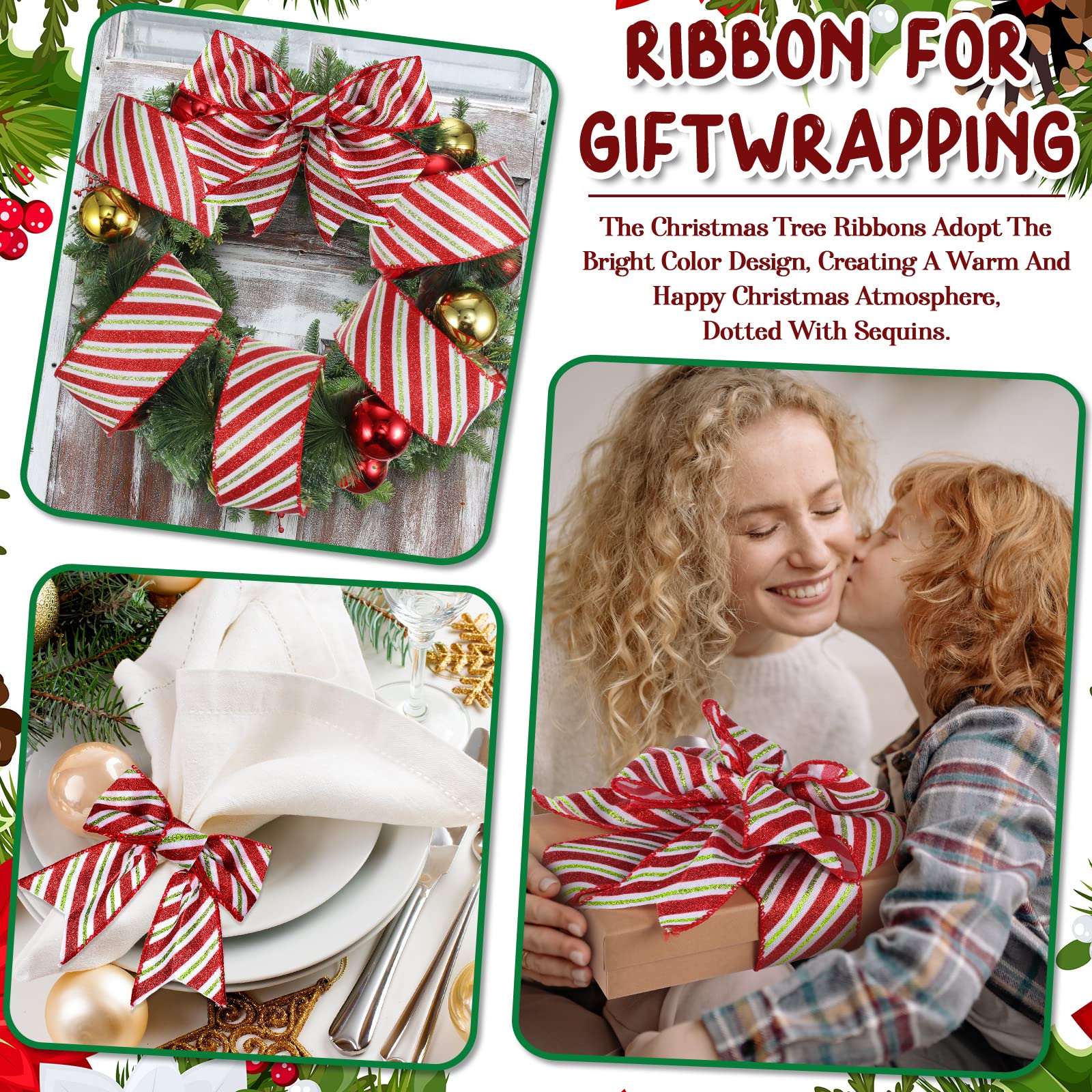 2 Rolls Christmas Wired Ribbon Red Green Stripe Glitter Ribbon Xmas Wrapping Burlap Decor for Home Party DIY Craft Bows, 2.5 Inch 20 Yards (White)