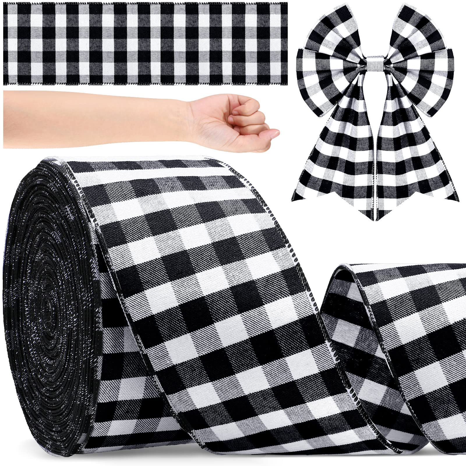 4 Inch x 50 Yards Christmas Plaid Buffalo Ribbon, Check Wired Edge Ribbon Plaid Ribbon Gingham Check Wired Ribbon Buffalo Plaid Ribbon for Christmas Tree Wreath Bows Decor (Black White Plaid)