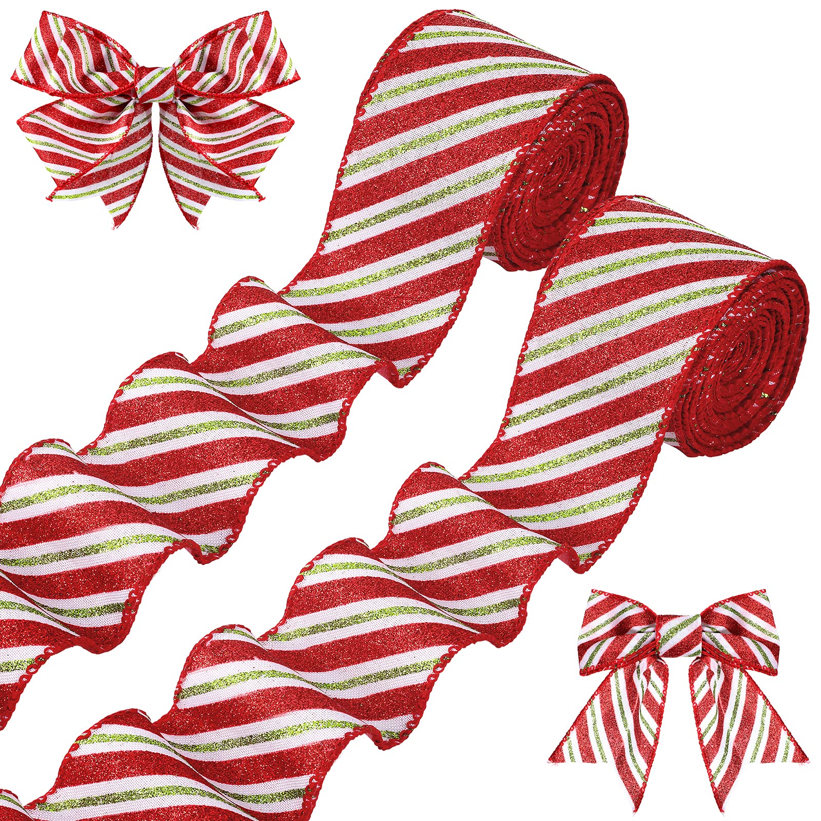 2 Rolls Christmas Wired Ribbon Red Green Stripe Glitter Ribbon Xmas Wrapping Burlap Decor for Home Party DIY Craft Bows, 2.5 Inch 20 Yards (White)