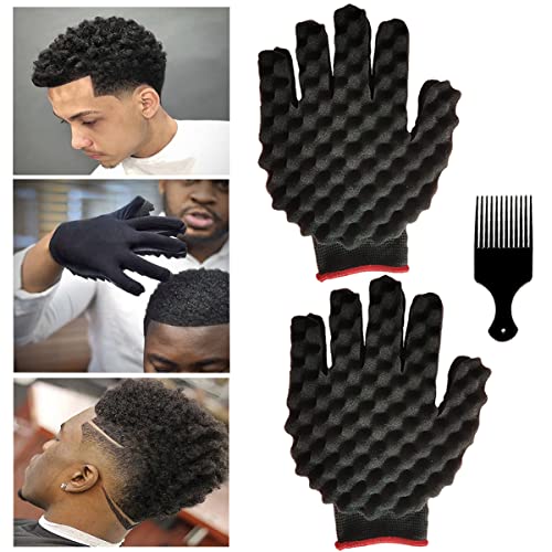 2PCS Hair Curl Sponge Gloves, Magic Curly Sponge Gloves Barber Curl Twist Sponge Glove Hair Sponge for Curling Twisting and Dread, Hair Brush Sponges for Black Men Curls (Right Glove)
