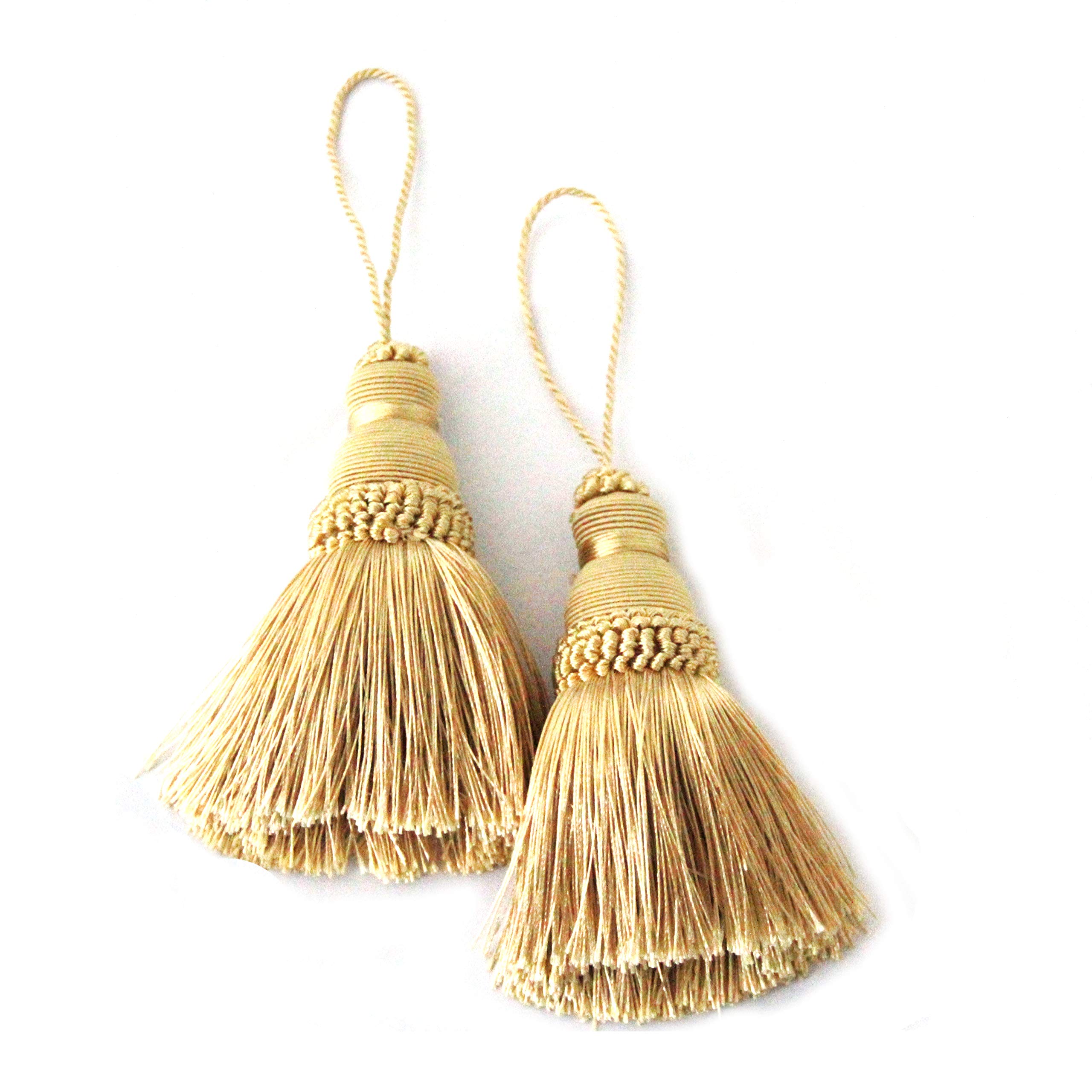 BEL AVENIR Gold Tassels Key Tassel with Loops Handmade Craft Charms DIY Accessories Elegant Soft Making Curtain Home Decoration (Gold, 2 pcs)
