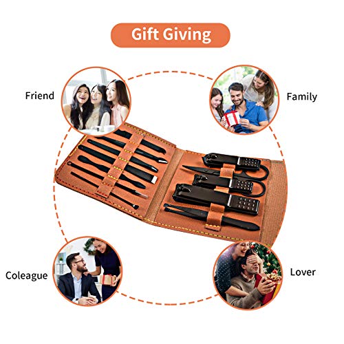 Tirdkid Gift for Man/Woman Nail Clipper Set, Manicure Set,fingernail clippers kit, Sharp Black Stainless Steel Pedicure and Manicure kit with PU Leather Case(Brown 12 In 1)