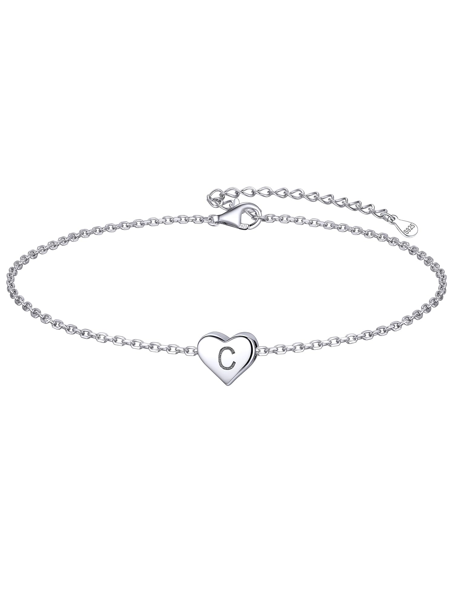ChicSilver Womens Heart Bracelet 925 Sterling Silver Simple Letter C Alphabet Heart Charm Bracelet Dainty Heart Initial Bracelet
