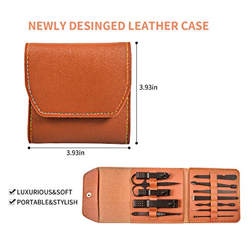 Tirdkid Gift for Man/Woman Nail Clipper Set, Manicure Set,fingernail clippers kit, Sharp Black Stainless Steel Pedicure and Manicure kit with PU Leather Case(Brown 12 In 1)