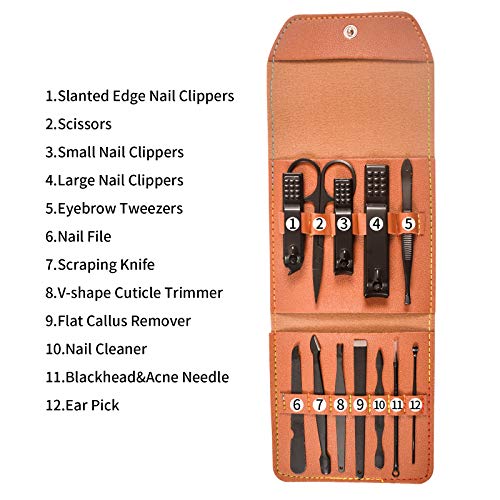 Tirdkid Gift for Man/Woman Nail Clipper Set, Manicure Set,fingernail clippers kit, Sharp Black Stainless Steel Pedicure and Manicure kit with PU Leather Case(Brown 12 In 1)
