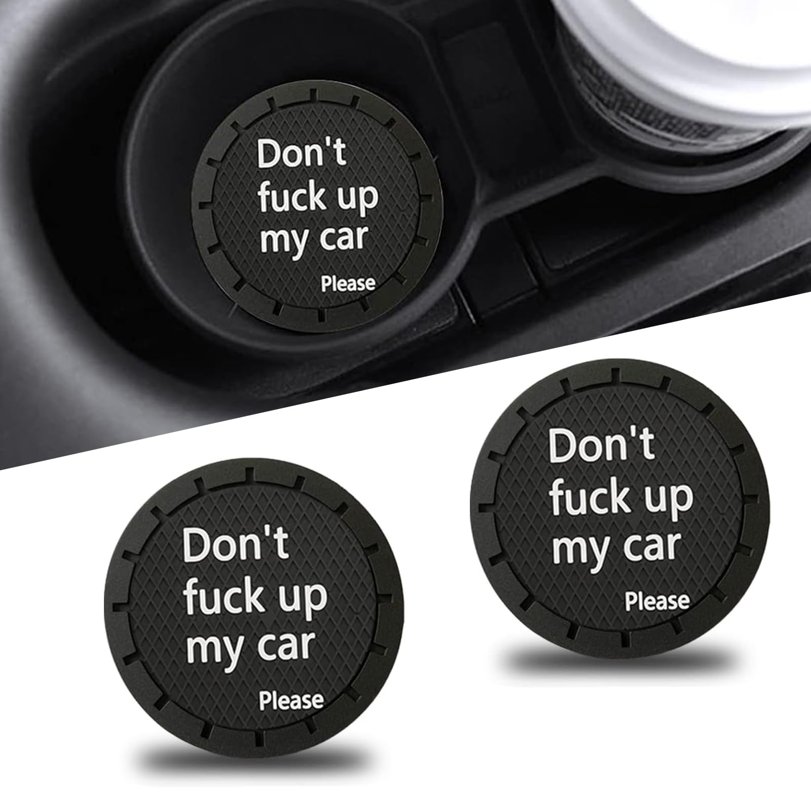 UGSHY 2 PCS Car Cup Hoder Coaster, 2.75" PVC Non-Slip Insulated Honeycomb Coaster Decoration, Don't Fuck up My car Coasters, Universal Interior Accessories for Most Cars (Black)