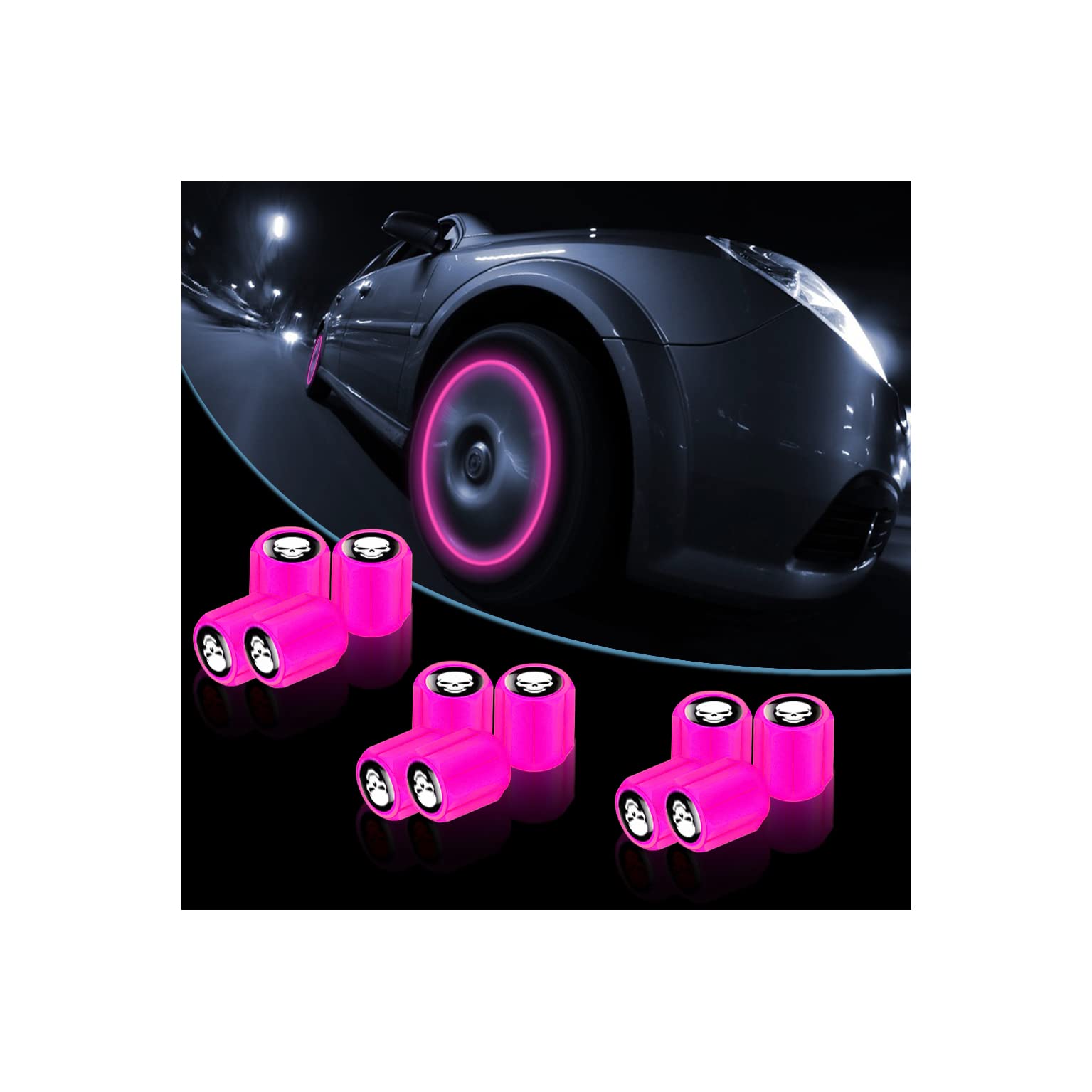12PCS Fluorescent Skull Car Tire Valve Stem Caps, ABS Corrosion Resistant Wheel Valve Cover, Luminous Illuminated Cap Glow in The Dark, Auto Decor Accessories for Motorcycles Bicycles (Pink/White)