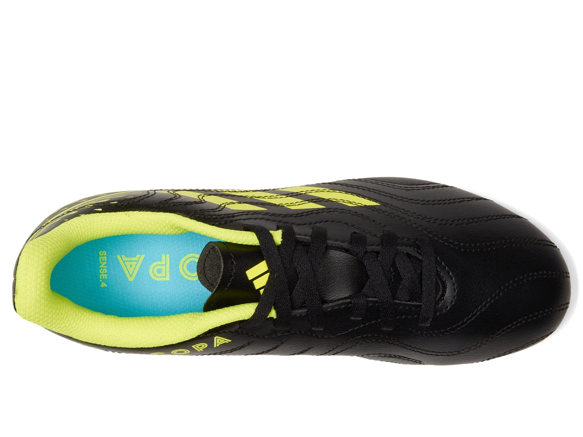 adidas Copa Sense.4 Flexible Ground Soccer Shoe, Black/Team Solar Yellow/Bright Cyan, 5.5 US Unisex Big Kid