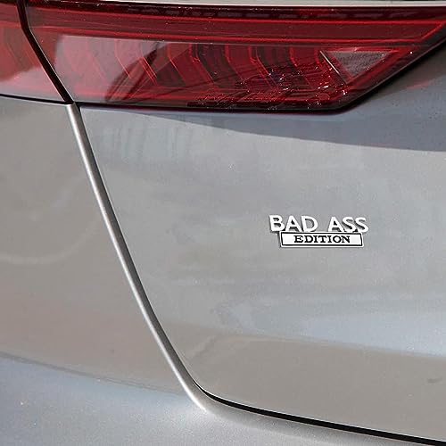 Crynod 1 PC Car Fender Badge Decal, 3.93" x 1.33" "Bad Ass Edition" Zinc Alloy Three-Dimensional Tailgate Front Grille Hood Decal, Retrofit Decorative Replacement, for Most Models (Silver & Black)
