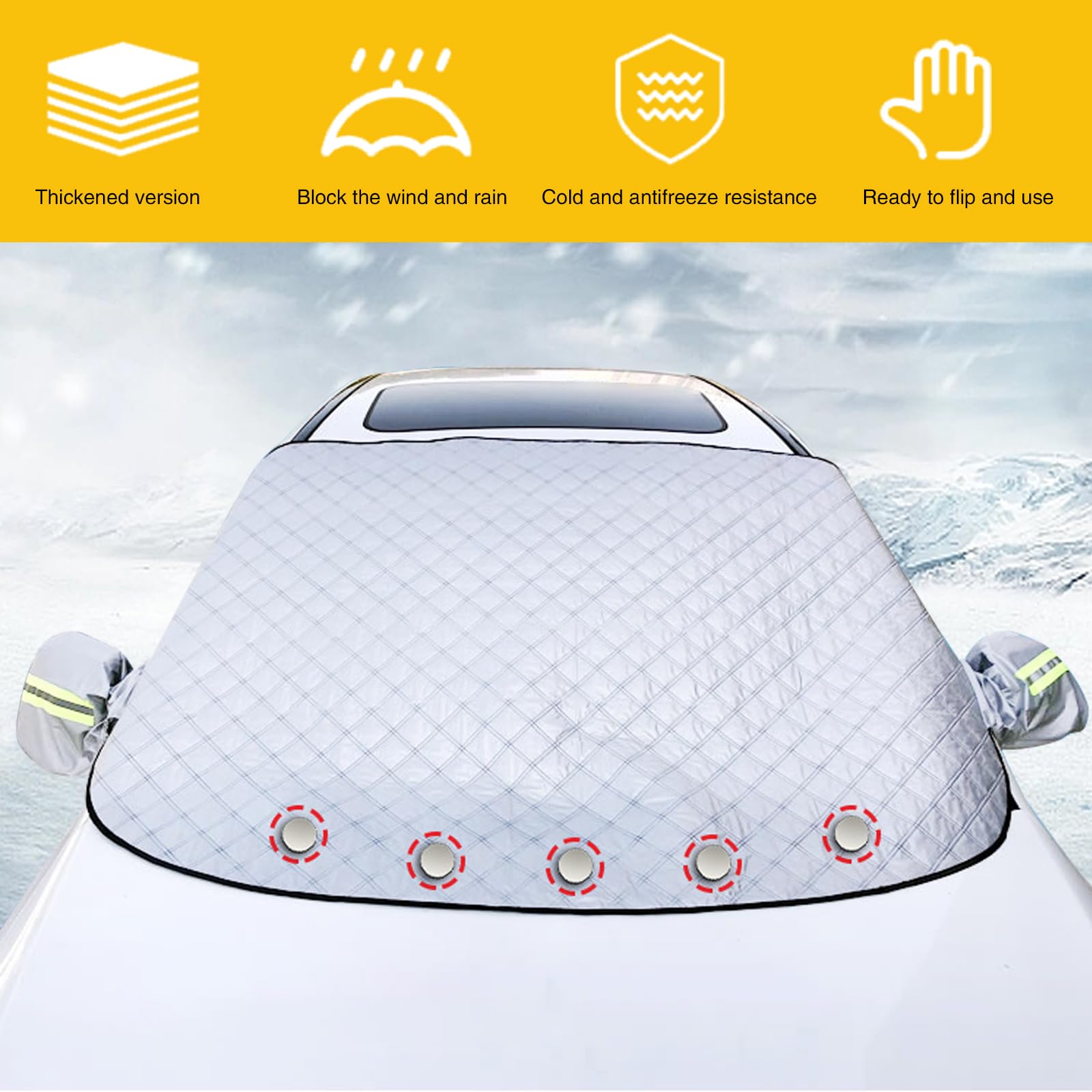 Dewkou 1 PC Car Windshield Sunshade, 61.8" x 49.6" Thickened Ice and Snow Frost Protection Cover, Anti-UV Insulation with Rearview Mirror Safety Glow Strip, Universal Accessories for Cars (Silver)