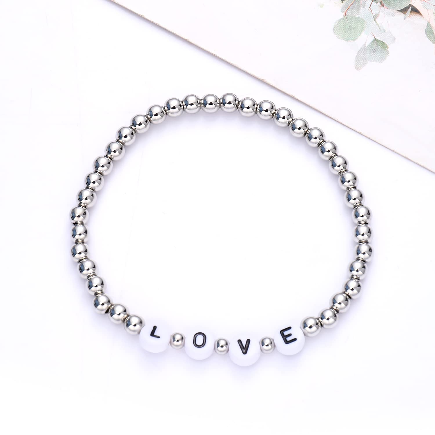 CEALXHENY Beaded Bracelets Stackable Brass Bead Ball Chain Bracelets for Women LOVE Letter Stretch Bracelet Bangles for Men Women Holiday Valentine’s Gift (C Letter LOVE Silver)