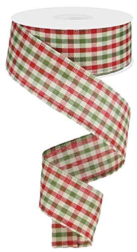 Primitive Gingham Check Wired Edge Ribbon, 10 Yards (Red, Moss, Ivory, 1.5")