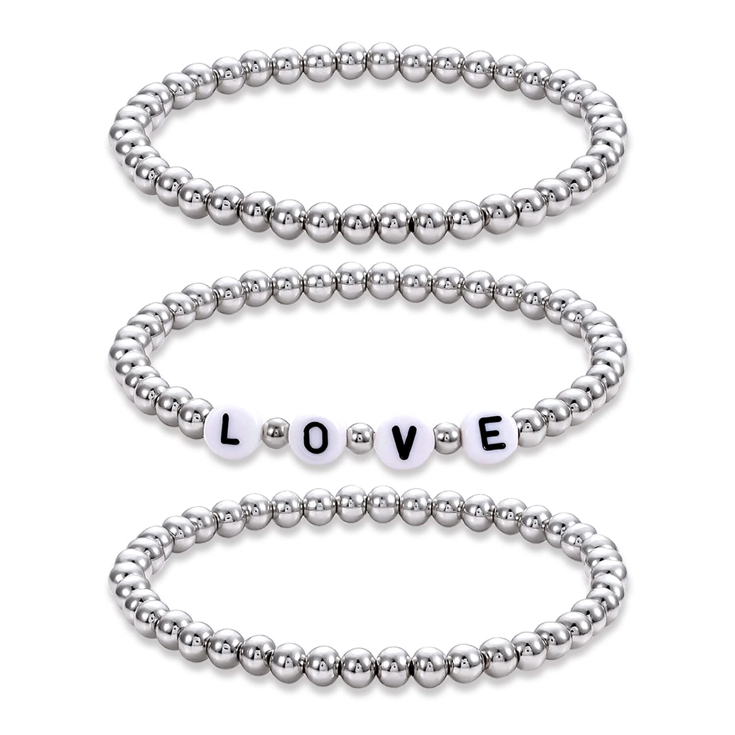 CEALXHENY Beaded Bracelets Stackable Brass Bead Ball Chain Bracelets for Women LOVE Letter Stretch Bracelet Bangles for Men Women Holiday Valentine’s Gift (C Letter LOVE Silver)