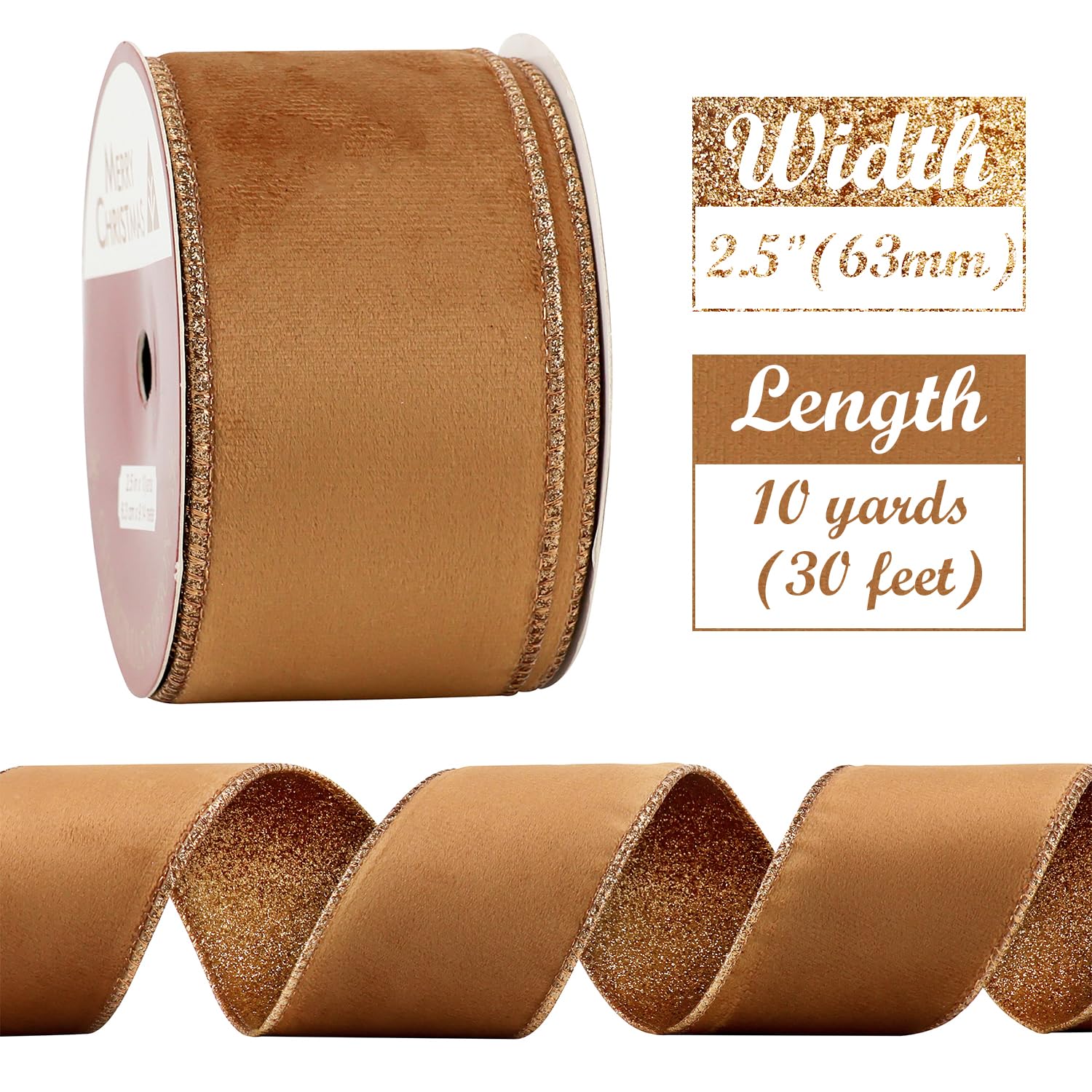HUIHUANG Copper Christmas Wired Ribbon 2-1/2" Copper Velvet Tree Ribbon with Glitter Copper Backing, for Christmas Tree, Tree Top Bows, Wreath, Garland, Home Decor Crafts- 10 Yards
