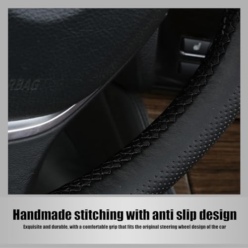QODOLSI 1 PC Car Steering Wheel Protector Cover, 14.96" Hand-Stitched Leather Sweat-Absorbent Steering Wheel Cover Tie with Air Hole, Motors Comfort Touch Accessory, for Cars, SUVs (Black)