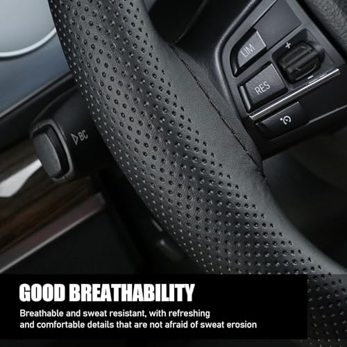 QODOLSI 1 PC Car Steering Wheel Protector Cover, 14.96" Hand-Stitched Leather Sweat-Absorbent Steering Wheel Cover Tie with Air Hole, Motors Comfort Touch Accessory, for Cars, SUVs (Black)