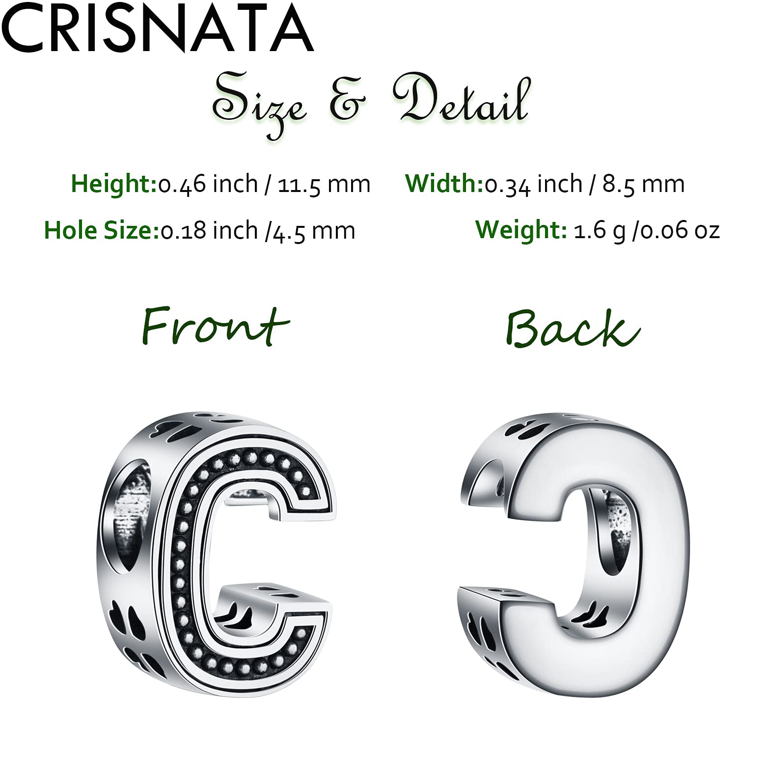 Letter C Charms, Initial C Alphabet Beads in Vintage 925 Sterling Silver, fits Pandora Women Charm Bracelet, Gift for Christmas/Cousin/Couple