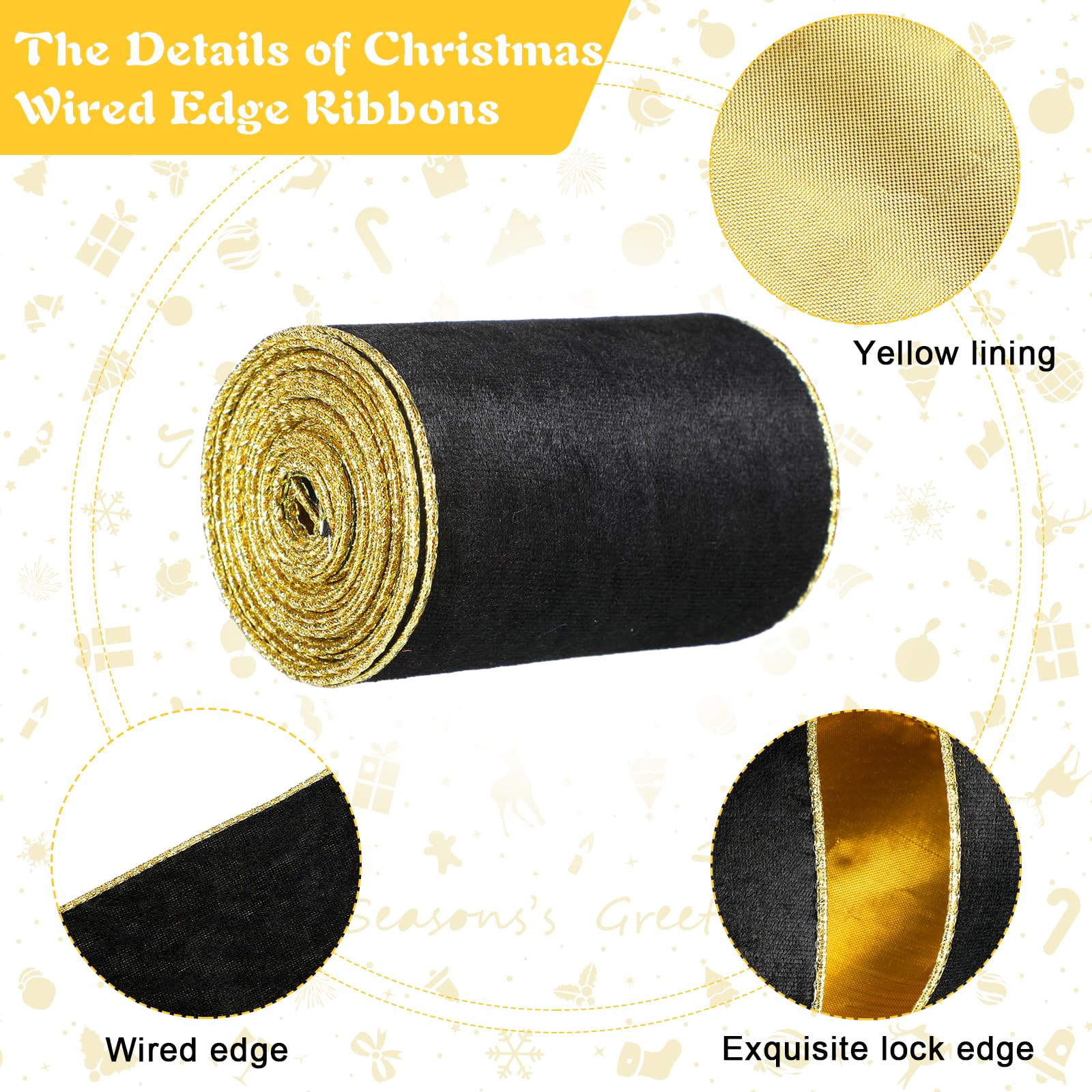 WILLBOND 2 Rolls Christmas Red Velvet Ribbon Wired Edge Trim Wrapping Fabric Christmas Ribbon for Gift Wrapping Bow Wedding Decoration Craft(4 Inch x 6 Yards,Black)