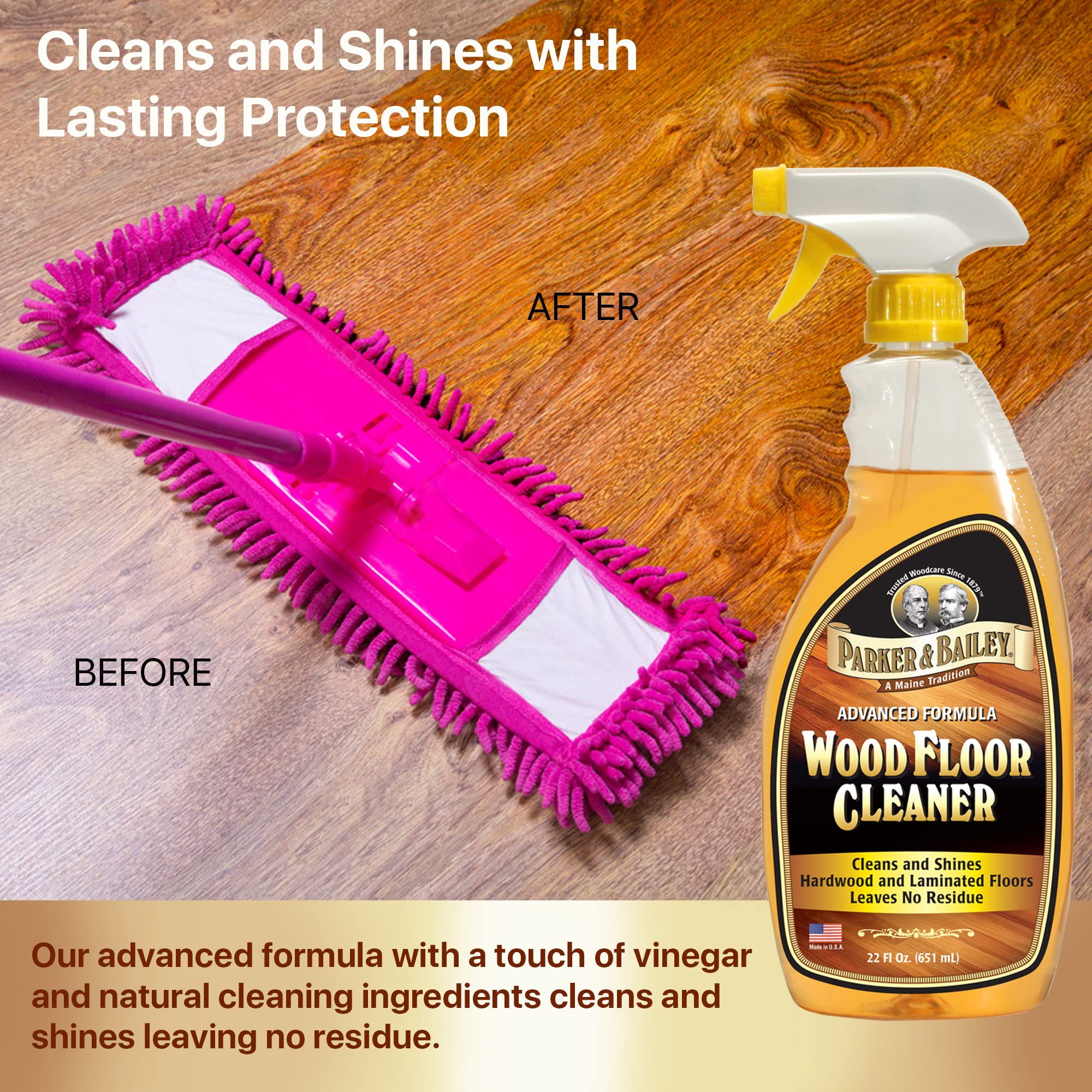 Parker & Bailey Wood Floor Cleaner β Use on Hardwood, Laminated or Faux Finished Floors. Shine Restorer Protector, Surface Cleaner Supplies Home Improvement, Natural Look, Cuts Grease 22 Oz