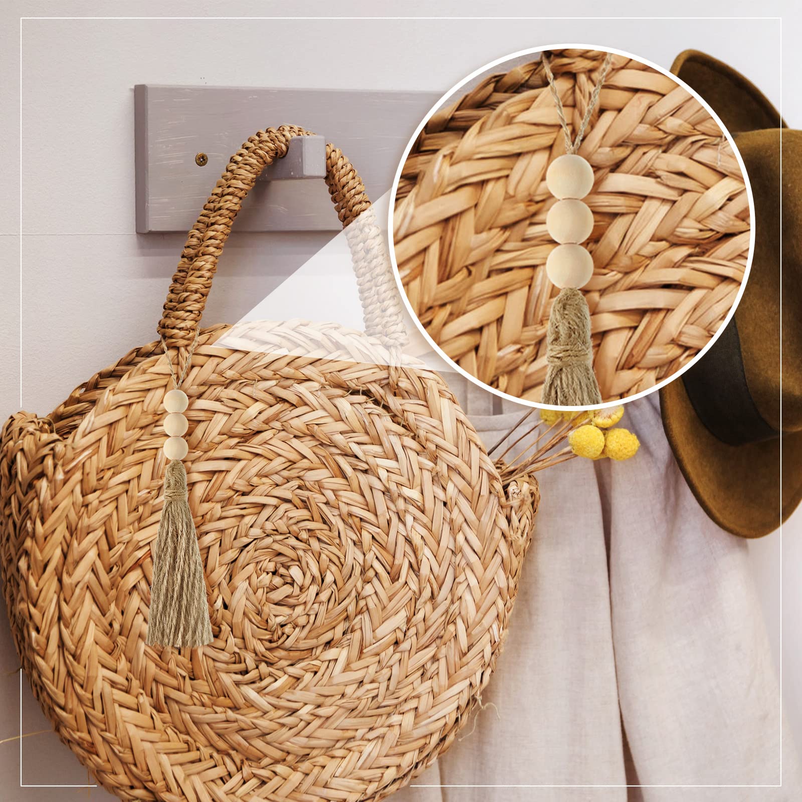 40 Sets Jute Tassels with 3 Wood Beads Natural Jute Rope Burlap Tassels for Christmas Tree DIY Craft Wood Beads Garland Project Wedding Home Party Decorations