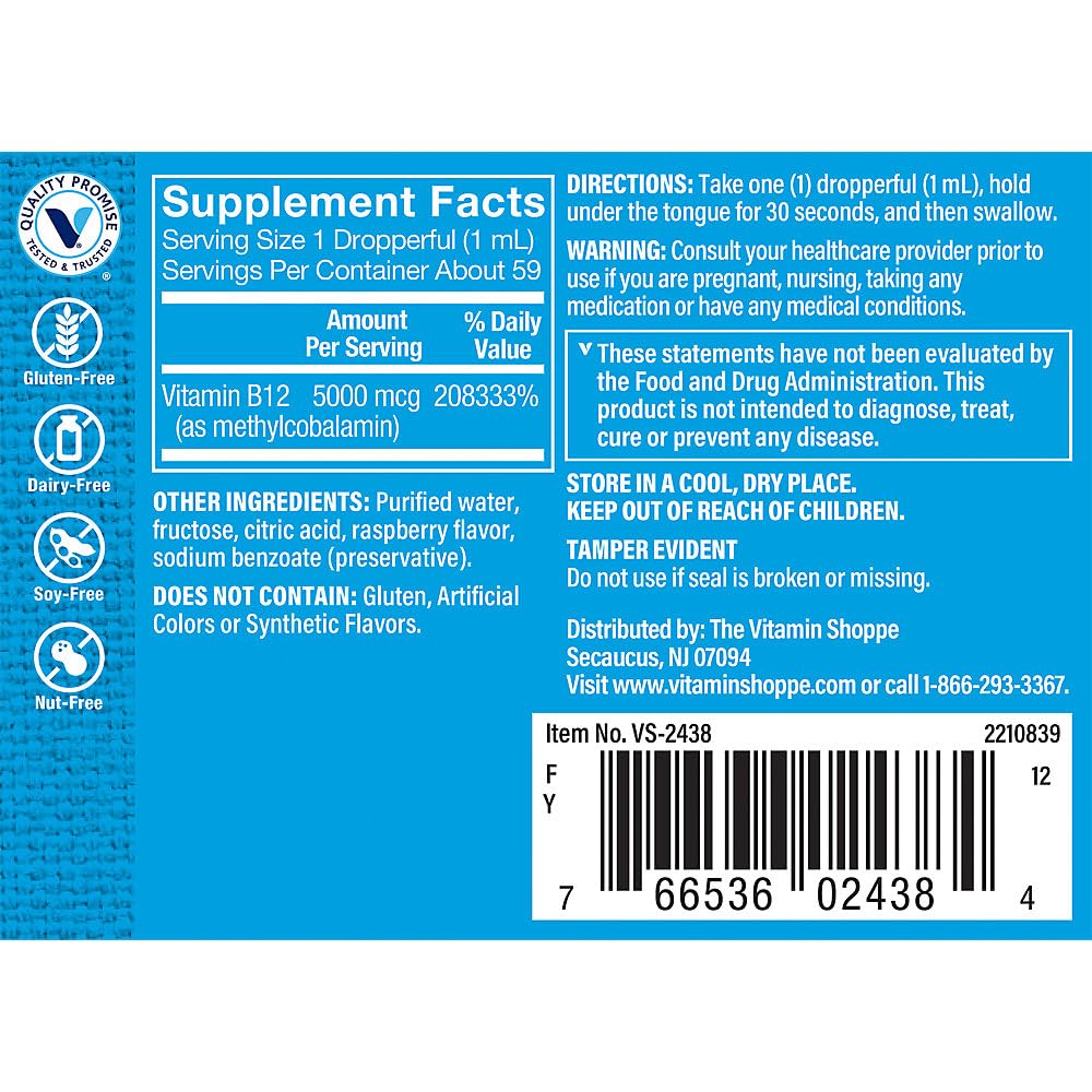 Liquid B12 Methylcobalamin - Energy Production - 5,000 MCG - Raspberry (2 fl. oz.)