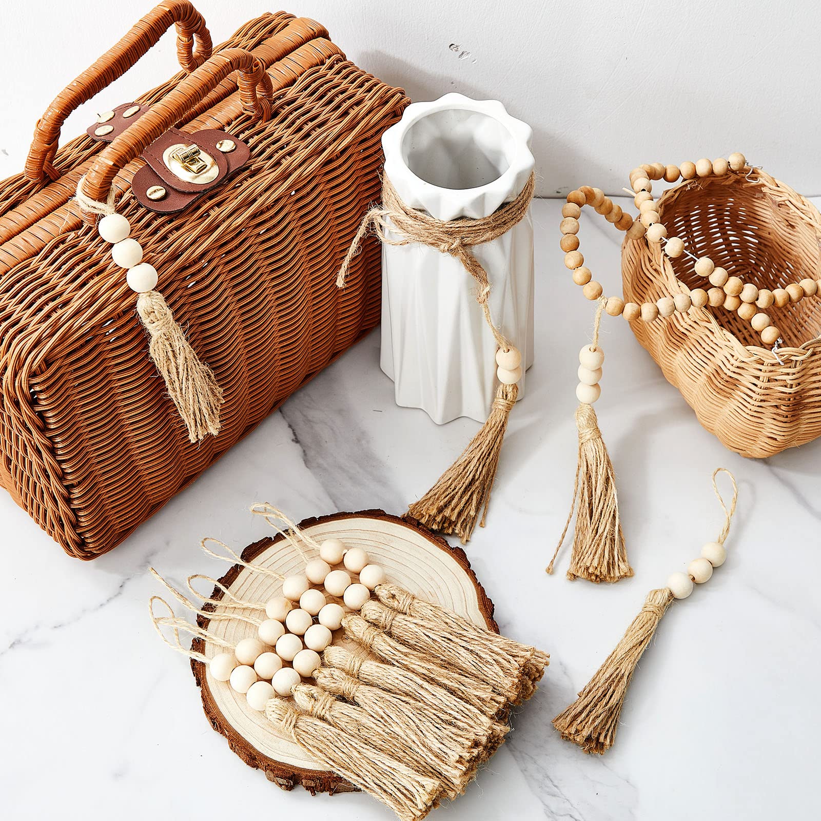 40 Sets Jute Tassels with 3 Wood Beads Natural Jute Rope Burlap Tassels for Christmas Tree DIY Craft Wood Beads Garland Project Wedding Home Party Decorations