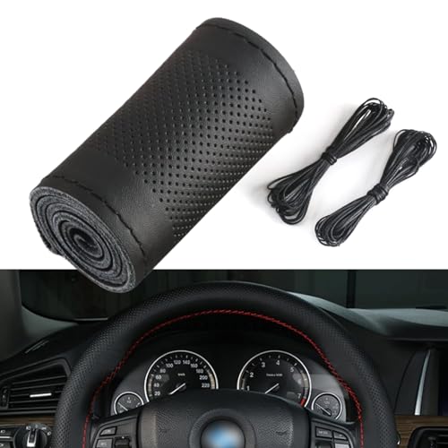 QODOLSI 1 PC Car Steering Wheel Protector Cover, 14.96" Hand-Stitched Leather Sweat-Absorbent Steering Wheel Cover Tie with Air Hole, Motors Comfort Touch Accessory, for Cars, SUVs (Black)