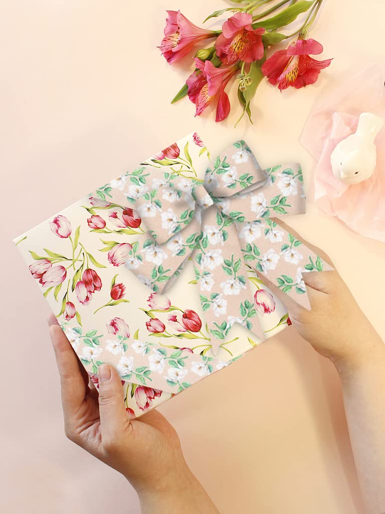 ALIBBON 2 Rolls 2.5" × 5 Yd Spring Magnolia Butterfly Wired Edge Ribbon Spring Flower Burlap Ribbons Lace Butterfly Ribbon Flaxen Ribbon for Spring Wreath DIY Crafting Gift Wrapping Party Decoration