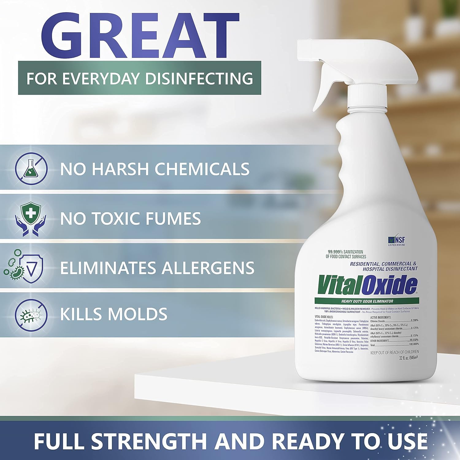 Vital Oxide Disinfectant, Deodorizer, Cleaner, Food-Contact Sanitizer, Virucide β (EPA registration #82972-1) β Kills Mold & Mildew, Eliminates Odors β 1 Gallon, 32 oz, & 3 oz