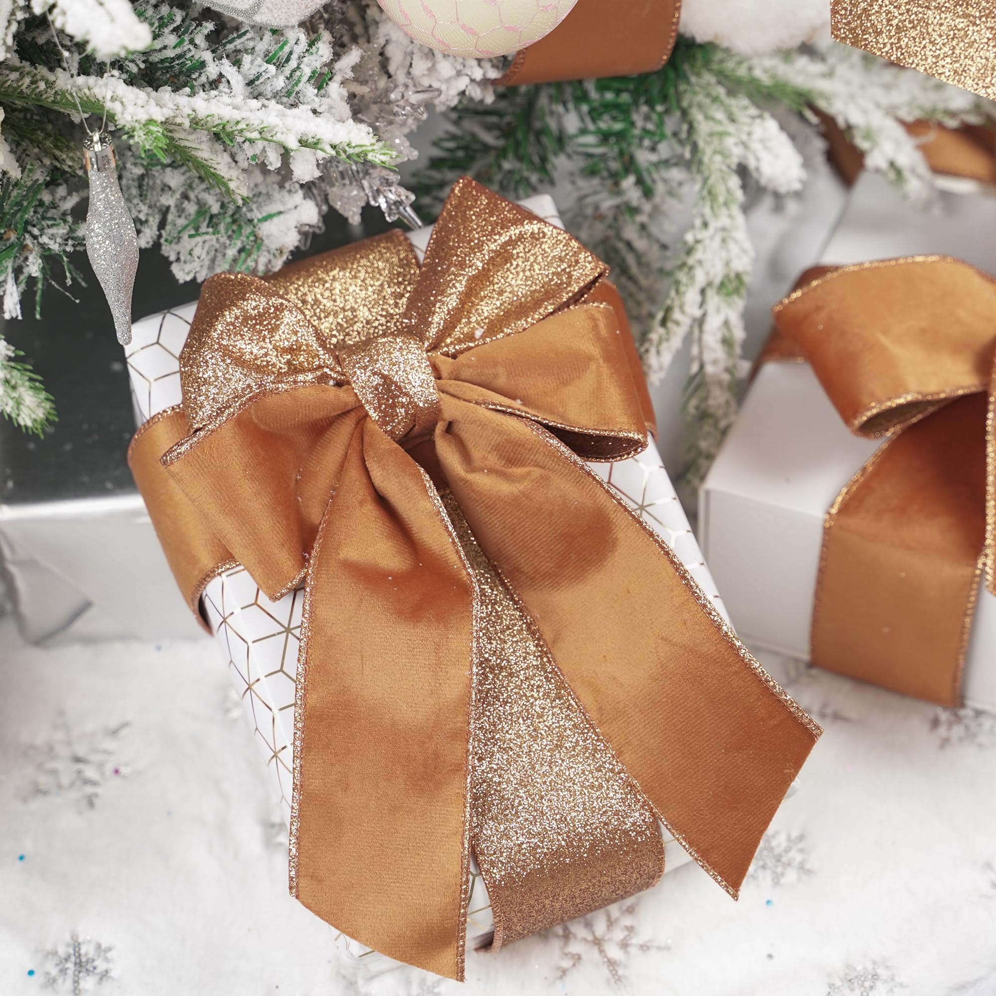 HUIHUANG Copper Christmas Wired Ribbon 2-1/2" Copper Velvet Tree Ribbon with Glitter Copper Backing, for Christmas Tree, Tree Top Bows, Wreath, Garland, Home Decor Crafts- 10 Yards
