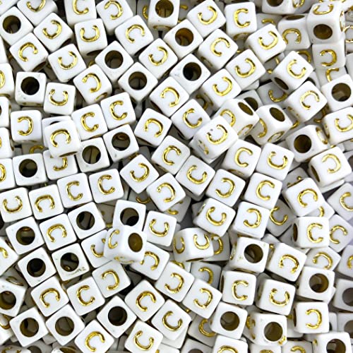 200 Letter C White Acrylic Beads with Gold Letters 6mm with 3.4mm Hole - Letter C Only