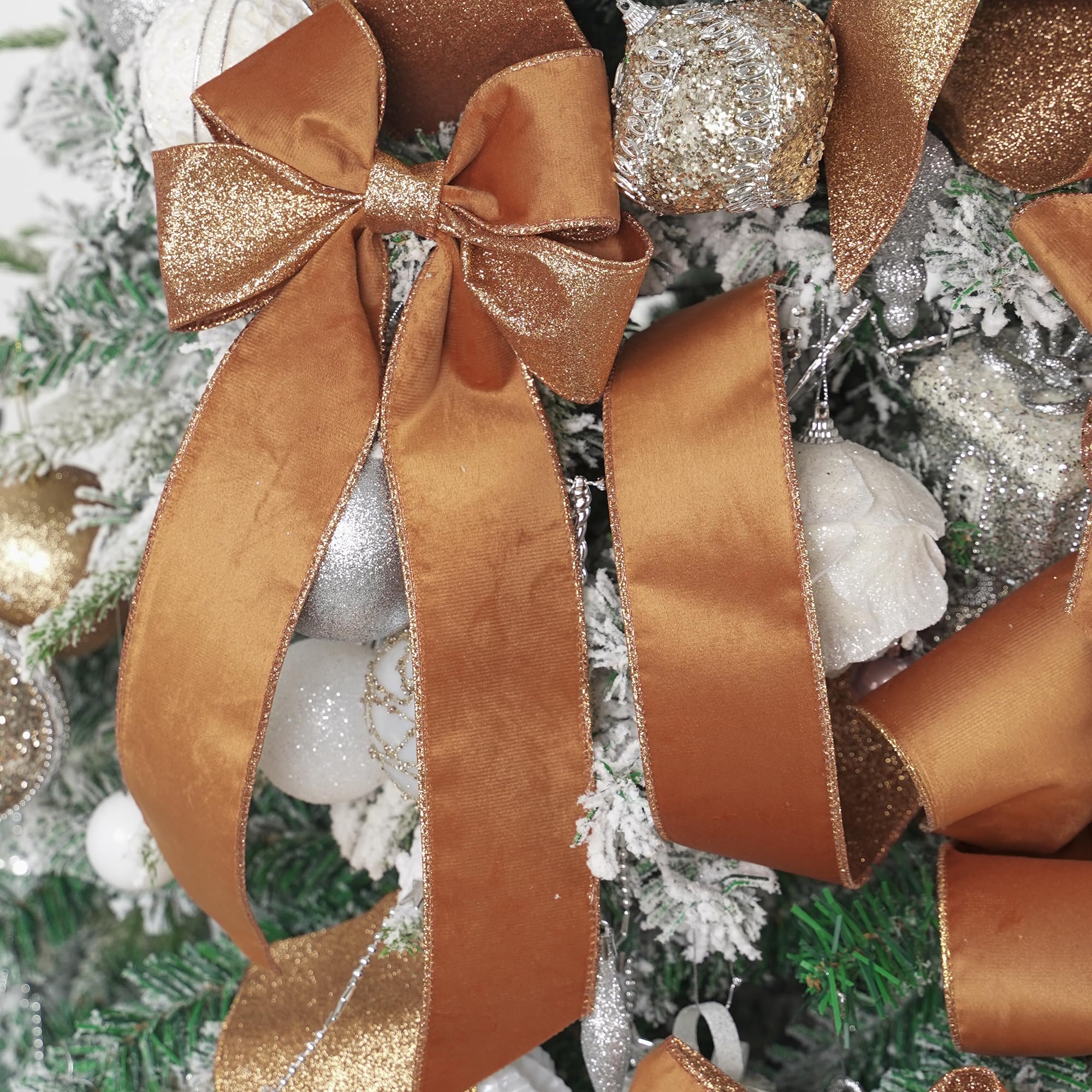 HUIHUANG Copper Christmas Wired Ribbon 2-1/2" Copper Velvet Tree Ribbon with Glitter Copper Backing, for Christmas Tree, Tree Top Bows, Wreath, Garland, Home Decor Crafts- 10 Yards