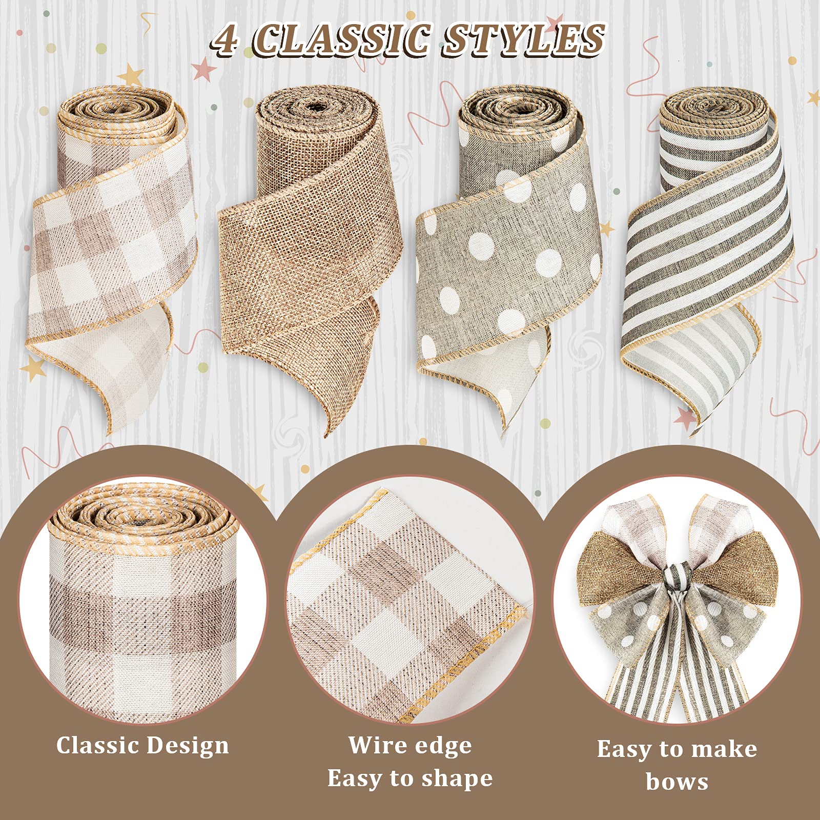 Whaline Farmhouse Wired Edge Ribbon 4 Rolls White Polka Dots Buffalo Plaid Stripe Ribbon Rustic Farmhouse Craft Ribbon for Spring Wedding Ribbon Wreaths Assorted DIY Gift Wrapping 2.5In x 20 Yard